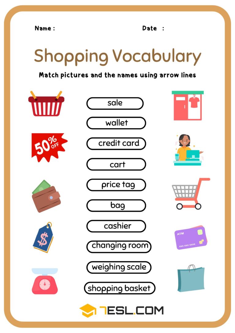Shopping Vocabulary Worksheets for English Learners • 7ESL