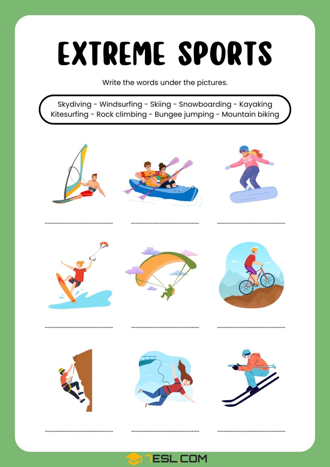 Extreme Sports Worksheets for ESL: Vocabulary & Practice PDF • 7ESL