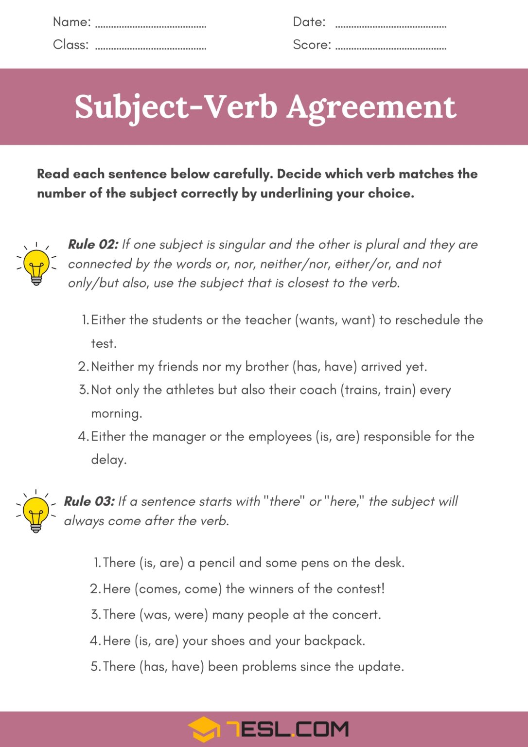 Subject Verb Agreement Worksheets and Exercises (Free PDF) • 7ESL