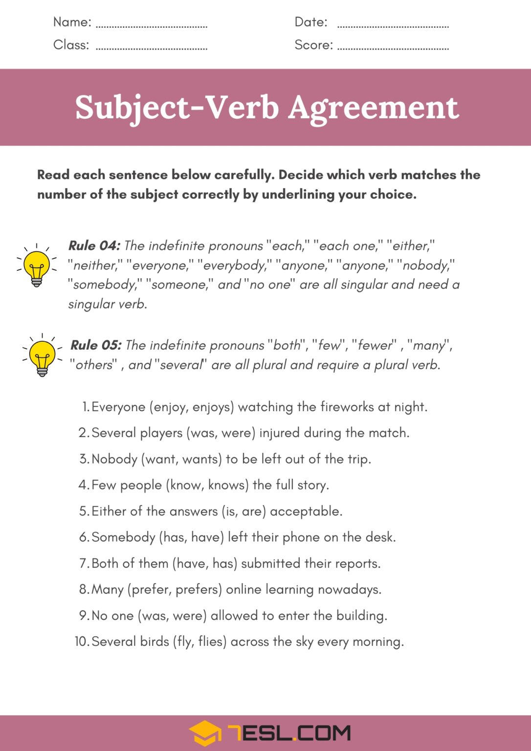 Subject Verb Agreement Worksheets and Exercises (Free PDF) • 7ESL